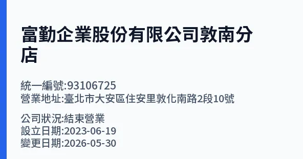 富勤企業股份有限公司敦南分店的照片-統編 93106725(臺北市) 公司登記資料與營業項目詳細圖表