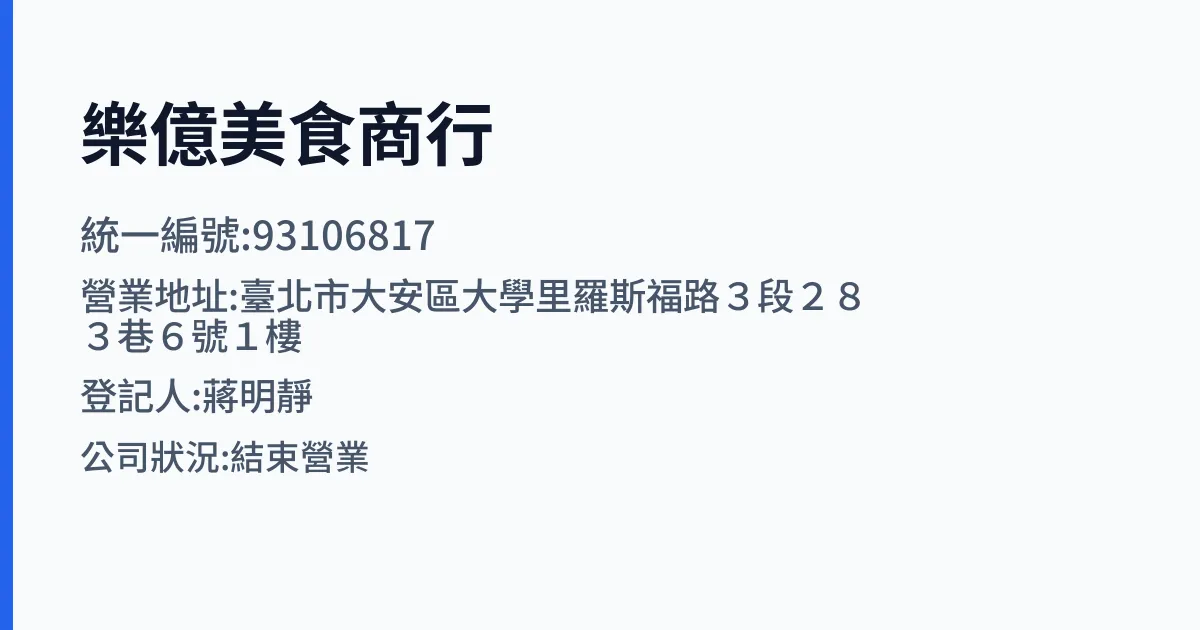 樂億美食商行 - 統編 93106817(臺北市) 公司登記資料與營業項目詳細圖表