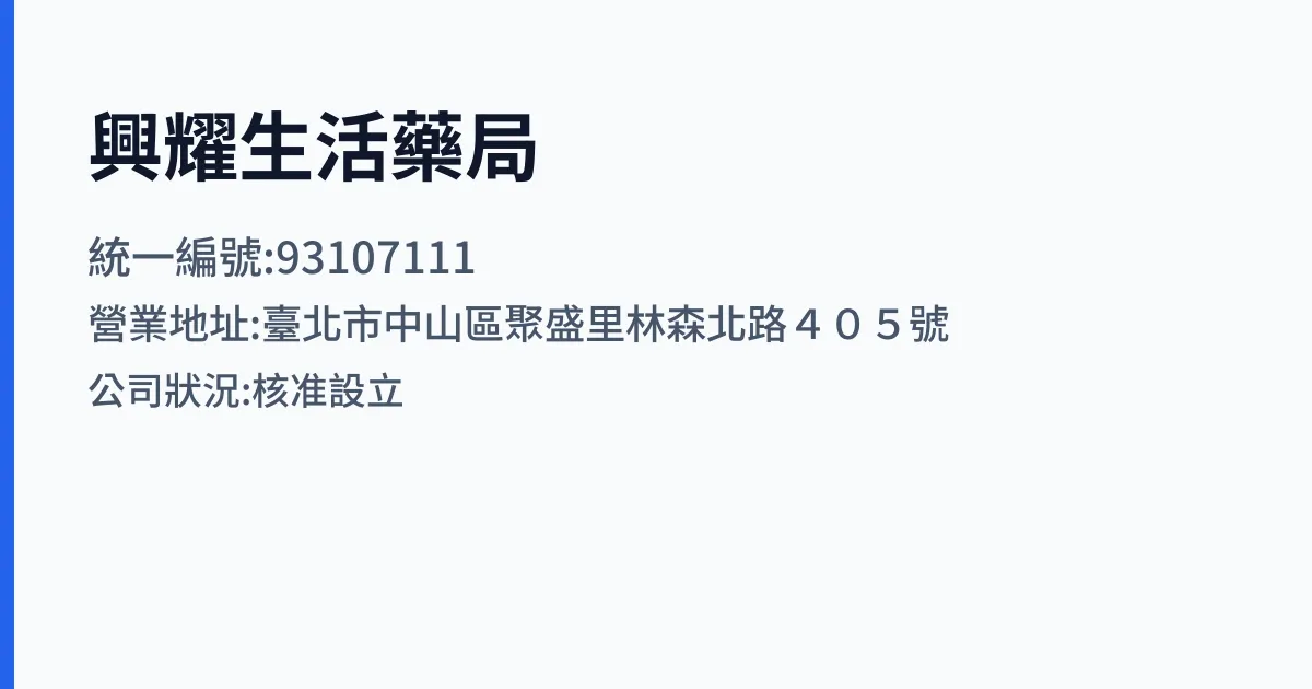 興耀生活藥局 - 統編 93107111(臺北市) 公司登記資料與營業項目詳細圖表