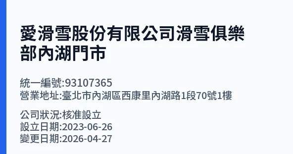 愛滑雪股份有限公司滑雪俱樂部內湖門市的照片-統編 93107365(臺北市) 公司登記資料與營業項目詳細圖表