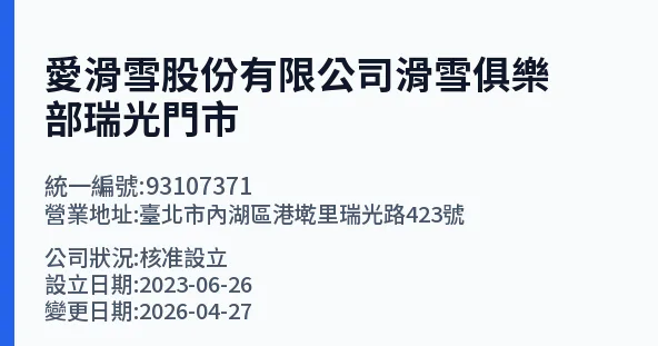 愛滑雪股份有限公司滑雪俱樂部瑞光門市的照片-統編 93107371(臺北市) 公司登記資料與營業項目詳細圖表