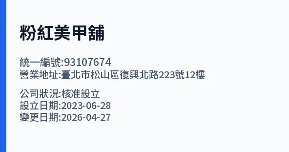粉紅美甲舖的照片-統編 93107674(臺北市) 公司登記資料與營業項目詳細圖表