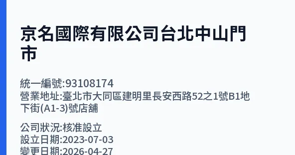 京名國際有限公司台北中山門市的照片-統編 93108174(臺北市) 公司登記資料與營業項目詳細圖表