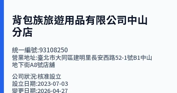 背包族旅遊用品有限公司中山分店的照片-統編 93108250(臺北市) 公司登記資料與營業項目詳細圖表