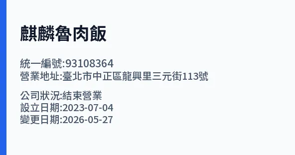 麒麟魯肉飯的照片-統編 93108364(臺北市) 公司登記資料與營業項目詳細圖表