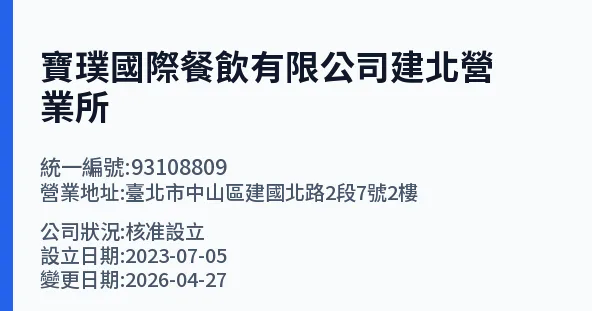 寶璞國際餐飲有限公司建北營業所的照片-統編 93108809(臺北市) 公司登記資料與營業項目詳細圖表