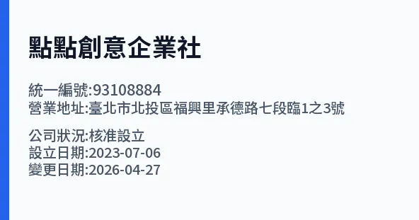 點點創意企業社的照片-統編 93108884(臺北市) 公司登記資料與營業項目詳細圖表