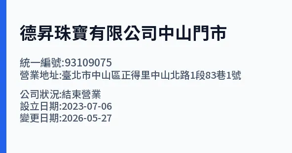 德昇珠寶有限公司中山門市的照片-統編 93109075(臺北市) 公司登記資料與營業項目詳細圖表