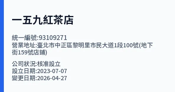 一五九紅茶店的照片-統編 93109271(臺北市) 公司登記資料與營業項目詳細圖表