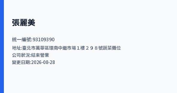 張麗美的照片-統編 93109390(臺北市) 公司登記資料與營業項目詳細圖表