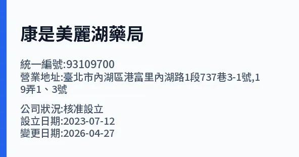 康是美麗湖藥局的照片-統編 93109700(臺北市) 公司登記資料與營業項目詳細圖表