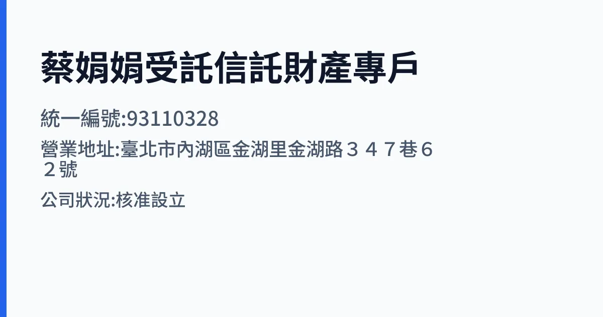 蔡娟娟受託信託財產專戶 - 統編 93110328(臺北市) 公司登記資料與營業項目詳細圖表