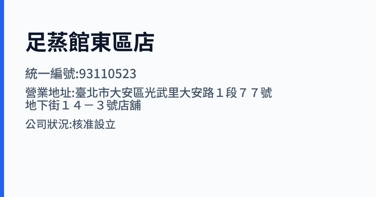 足蒸館東區店 - 統編 93110523(臺北市) 公司登記資料與營業項目詳細圖表