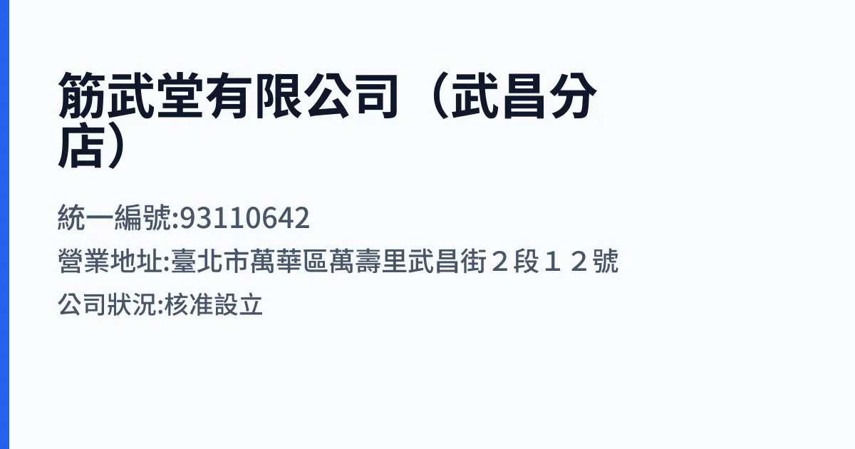 筋武堂有限公司（武昌分店） - 統編 93110642(臺北市) 公司登記資料與營業項目詳細圖表