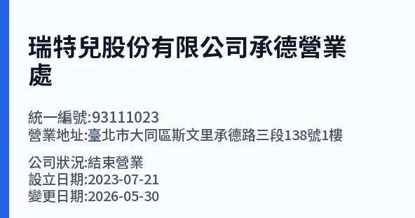 瑞特兒股份有限公司承德營業處的照片-統編 93111023(臺北市) 公司登記資料與營業項目詳細圖表