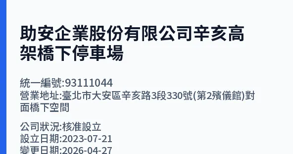 助安企業股份有限公司辛亥高架橋下停車場的照片-統編 93111044(臺北市) 公司登記資料與營業項目詳細圖表