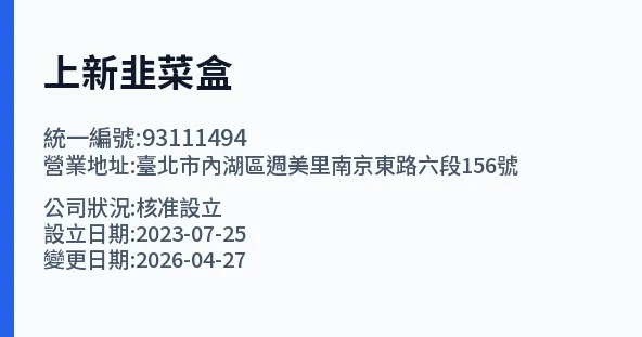 上新韭菜盒的照片-統編 93111494(臺北市) 公司登記資料與營業項目詳細圖表
