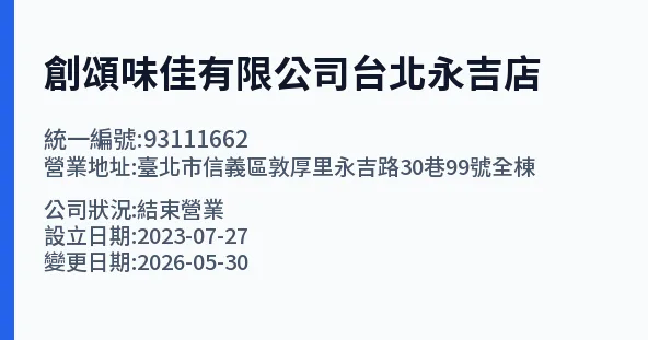 創頌味佳有限公司台北永吉店的照片-統編 93111662(臺北市) 公司登記資料與營業項目詳細圖表