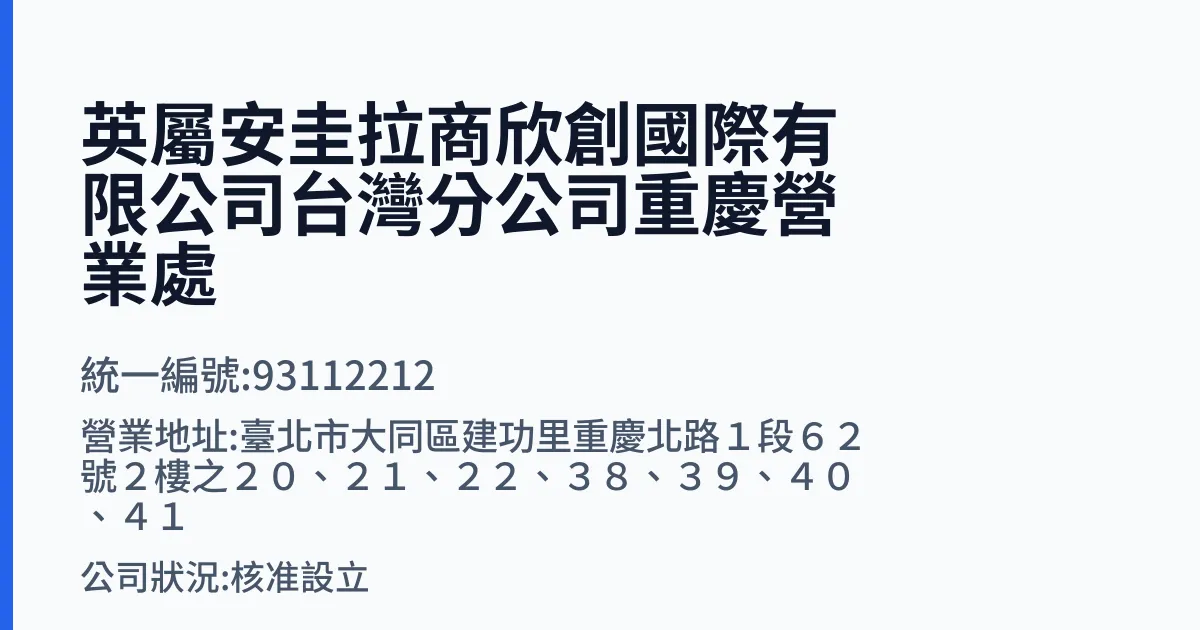 英屬安圭拉商欣創國際有限公司台灣分公司重慶營業處 - 統編 93112212(臺北市) 公司登記資料與營業項目詳細圖表