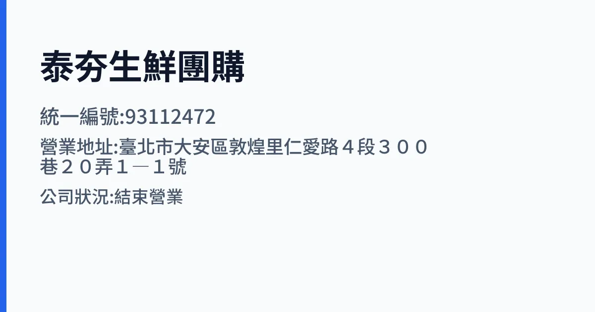 泰夯生鮮團購 - 統編 93112472(臺北市) 公司登記資料與營業項目詳細圖表