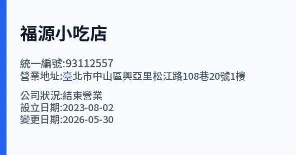 福源小吃店的照片-統編 93112557(臺北市) 公司登記資料與營業項目詳細圖表