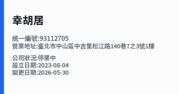 幸胡居的照片-統編 93112705(臺北市) 公司登記資料與營業項目詳細圖表