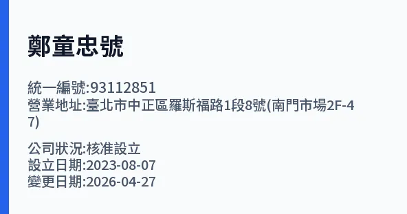 鄭童忠號的照片-統編 93112851(臺北市) 公司登記資料與營業項目詳細圖表