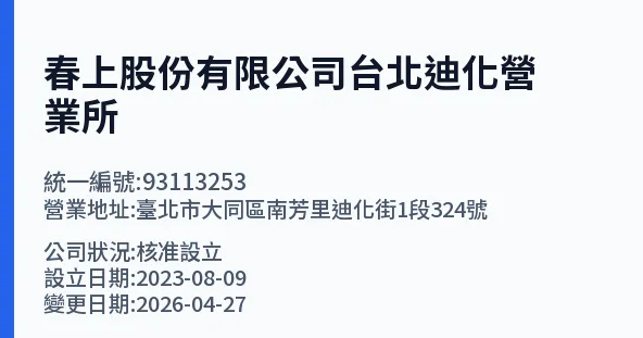 春上股份有限公司台北迪化營業所的照片-統編 93113253(臺北市) 公司登記資料與營業項目詳細圖表