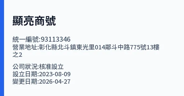 顯亮商號的照片-統編 93113346(彰化縣) 公司登記資料與營業項目詳細圖表
