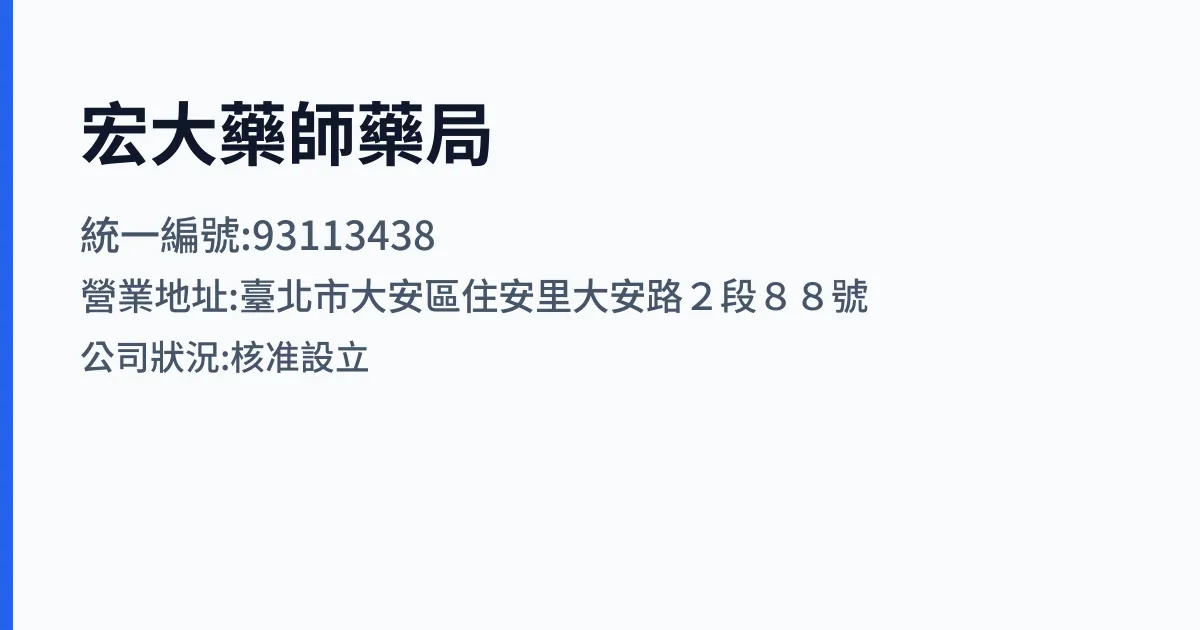 宏大藥師藥局 - 統編 93113438(臺北市) 公司登記資料與營業項目詳細圖表