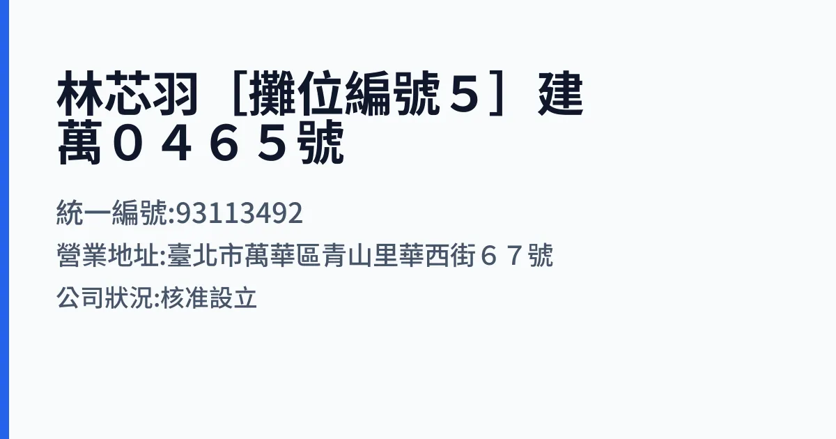 林芯羽［攤位編號５］建萬０４６５號 - 統編 93113492(臺北市) 公司登記資料與營業項目詳細圖表