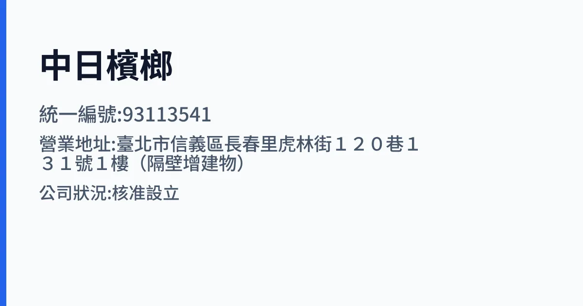 中日檳榔 - 統編 93113541(臺北市) 公司登記資料與營業項目詳細圖表