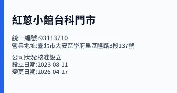 紅蔥小館台科門市的照片-統編 93113710(臺北市) 公司登記資料與營業項目詳細圖表