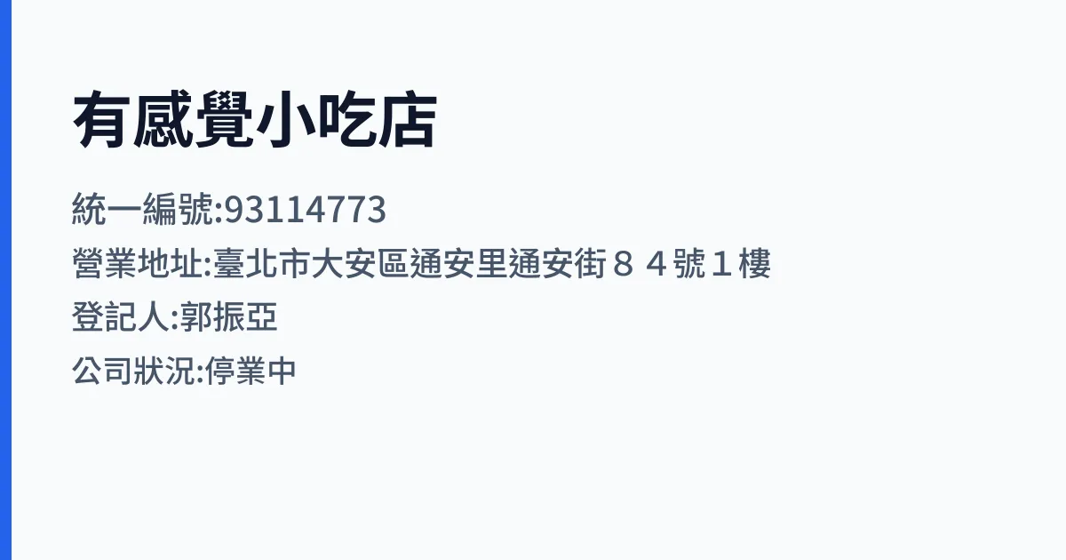 有感覺小吃店 - 統編 93114773(臺北市) 公司登記資料與營業項目詳細圖表