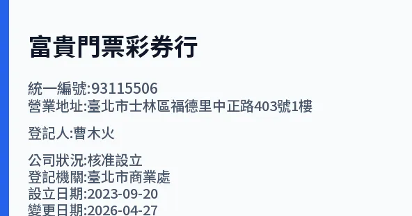 富貴門票彩券行的照片-統編 93115506(臺北市) 公司登記資料與營業項目詳細圖表
