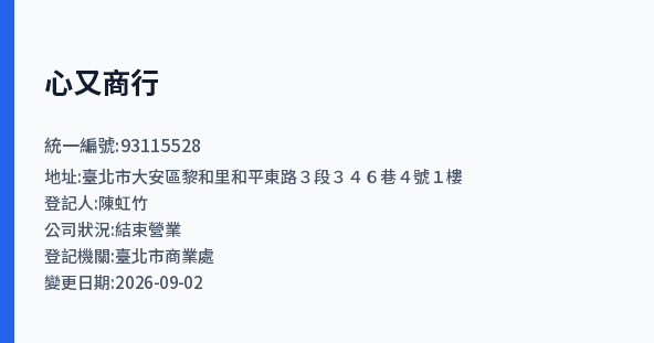 心又商行的照片-統編 93115528(臺北市) 公司登記資料與營業項目詳細圖表