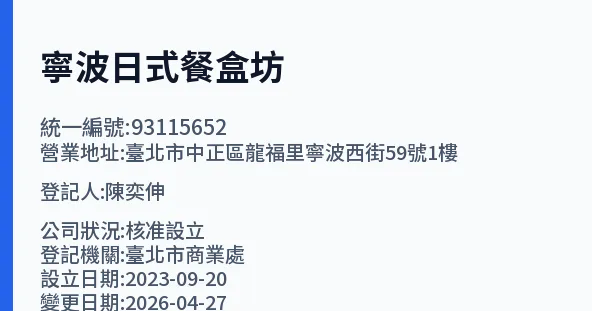 寧波日式餐盒坊的照片-統編 93115652(臺北市) 公司登記資料與營業項目詳細圖表