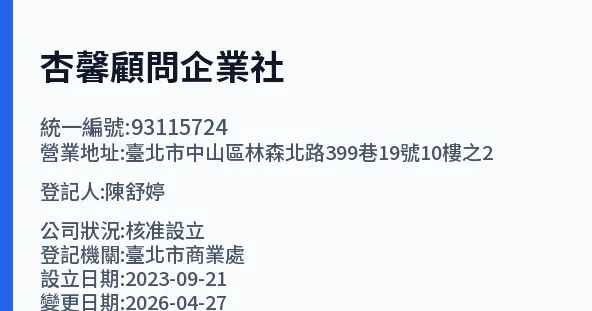 杏馨顧問企業社的照片-統編 93115724(臺北市) 公司登記資料與營業項目詳細圖表