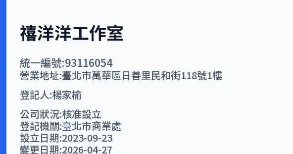 禧洋洋工作室的照片-統編 93116054(臺北市) 公司登記資料與營業項目詳細圖表