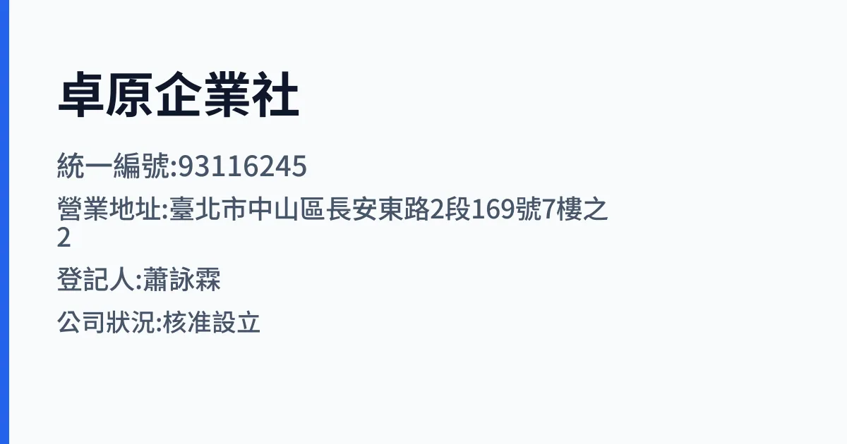 卓原企業社 - 統編 93116245(臺北市) 公司登記資料與營業項目詳細圖表