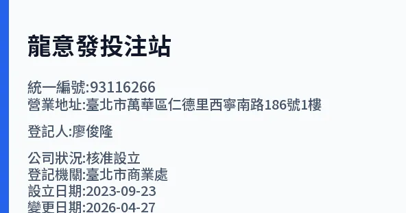 龍意發投注站的照片-統編 93116266(臺北市) 公司登記資料與營業項目詳細圖表