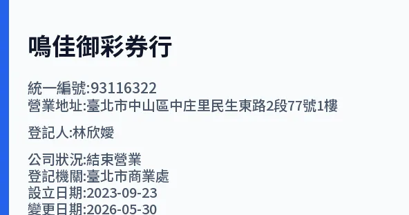 鳴佳御彩券行的照片-統編 93116322(臺北市) 公司登記資料與營業項目詳細圖表