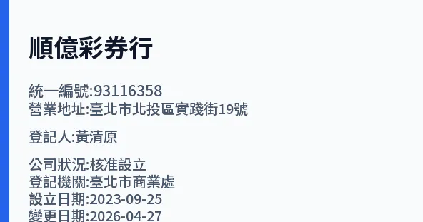順億彩券行的照片-統編 93116358(臺北市) 公司登記資料與營業項目詳細圖表