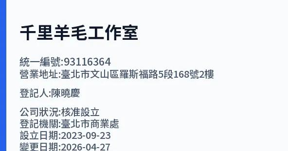 千里羊毛工作室的照片-統編 93116364(臺北市) 公司登記資料與營業項目詳細圖表