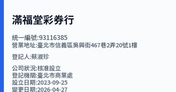 滿福堂彩券行的照片-統編 93116385(臺北市) 公司登記資料與營業項目詳細圖表