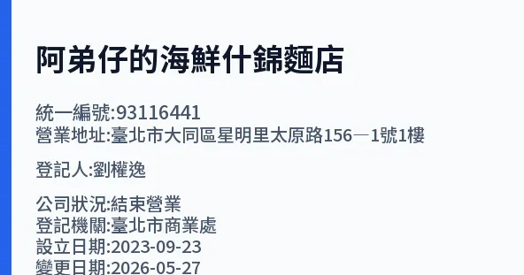 阿弟仔的海鮮什錦麵店的照片-統編 93116441(臺北市) 公司登記資料與營業項目詳細圖表