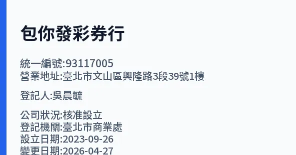 包你發彩券行的照片-統編 93117005(臺北市) 公司登記資料與營業項目詳細圖表
