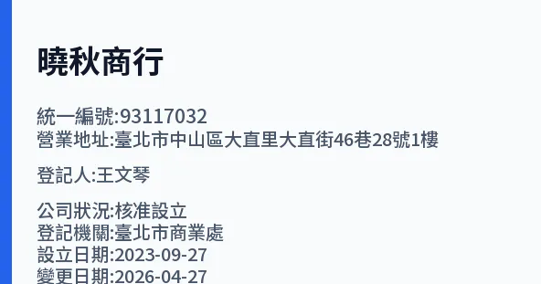 曉秋商行的照片-統編 93117032(臺北市) 公司登記資料與營業項目詳細圖表