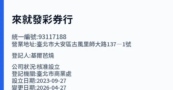 來就發彩券行的照片-統編 93117188(臺北市) 公司登記資料與營業項目詳細圖表