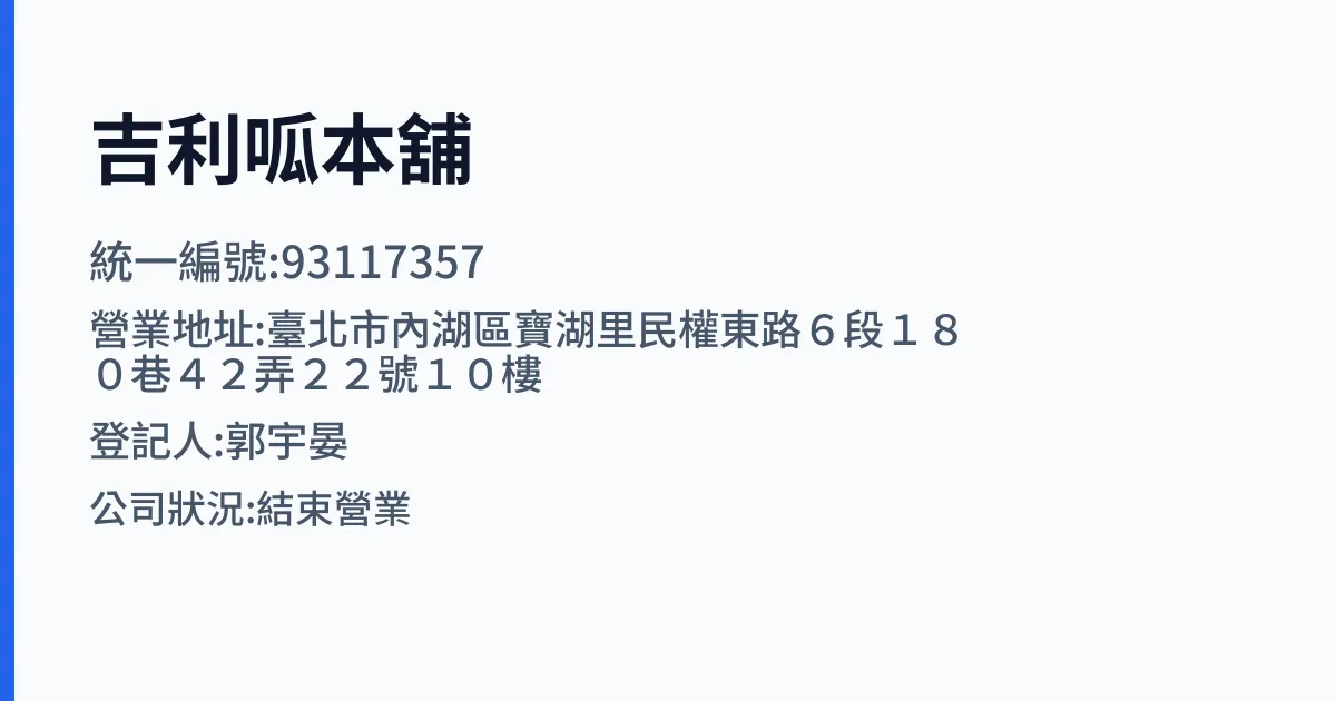 吉利呱本舖 - 統編 93117357(臺北市) 公司登記資料與營業項目詳細圖表